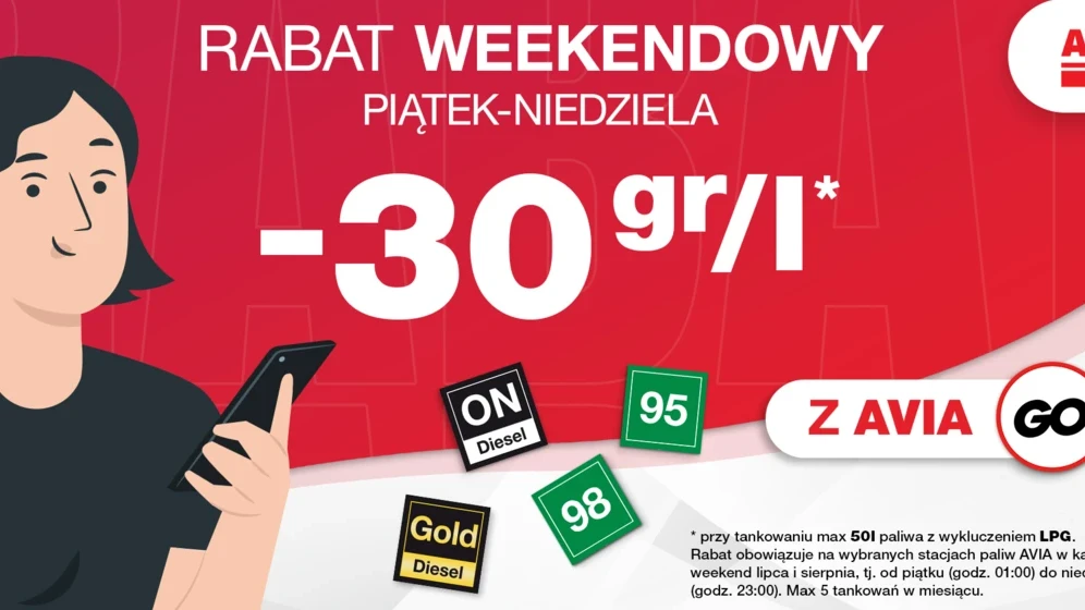 Weekendowa promocja wakacyjna – 30 gr/l taniej z aplikacją AVIA GO